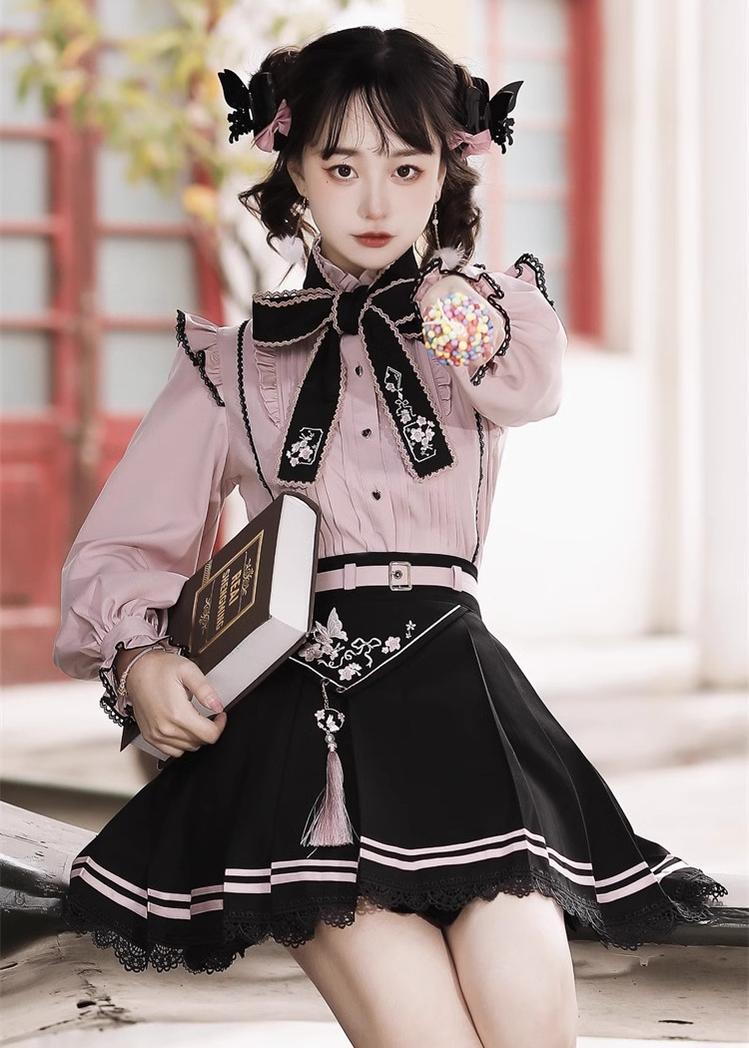 Jirai Kei Pink Blouse Black Skirt Chinese HanfuTwo-piece Set – Honey ...