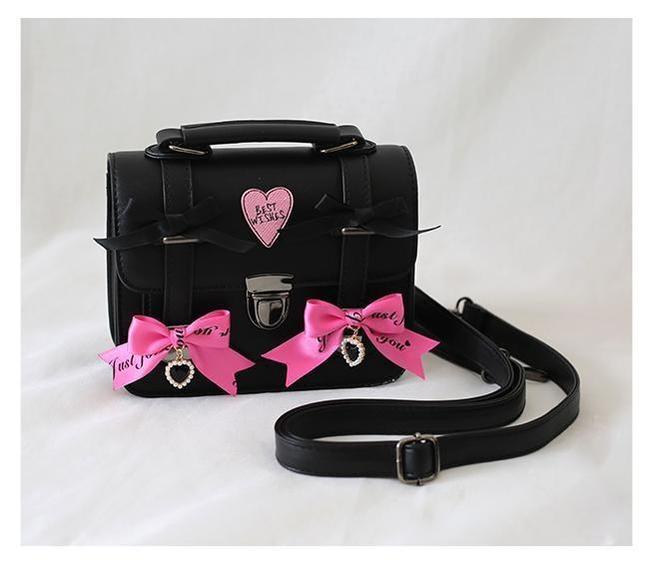 Black Jirai Kei Bag Leather Shoulder Bag With Bows And Rhinestone ...