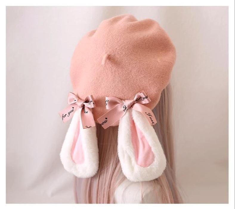 Jirai Kei Hat Plush Easter Rabbit Ear Bow Pink Wool Beret – Honey Wardrobe