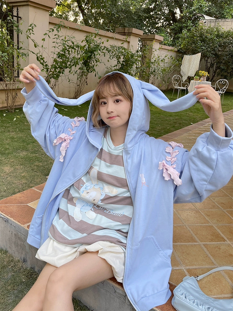 Pastel Oversized Hoodie Blue Apricot Bunny Ears Sweatershirt – Honey ...