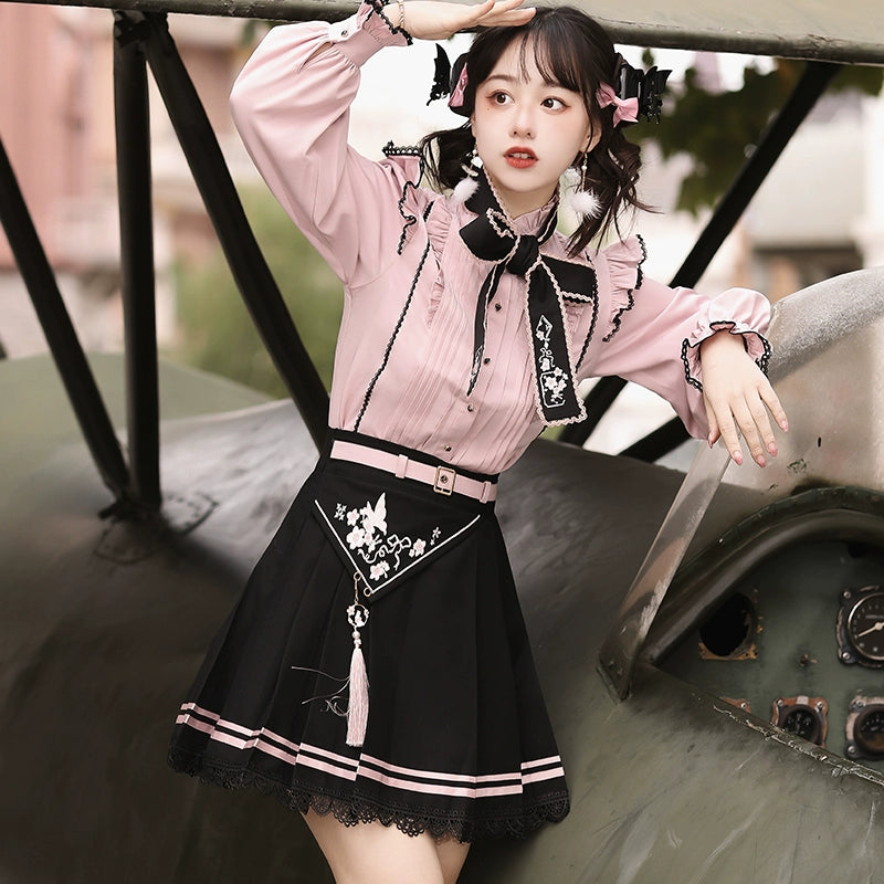 Jirai Kei Pink Blouse Black Skirt Chinese HanfuTwo-piece Set – Honey ...