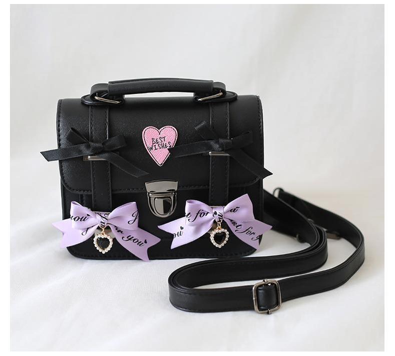 Black Jirai Kei Bag Leather Shoulder Bag With Bows And Rhinestone ...