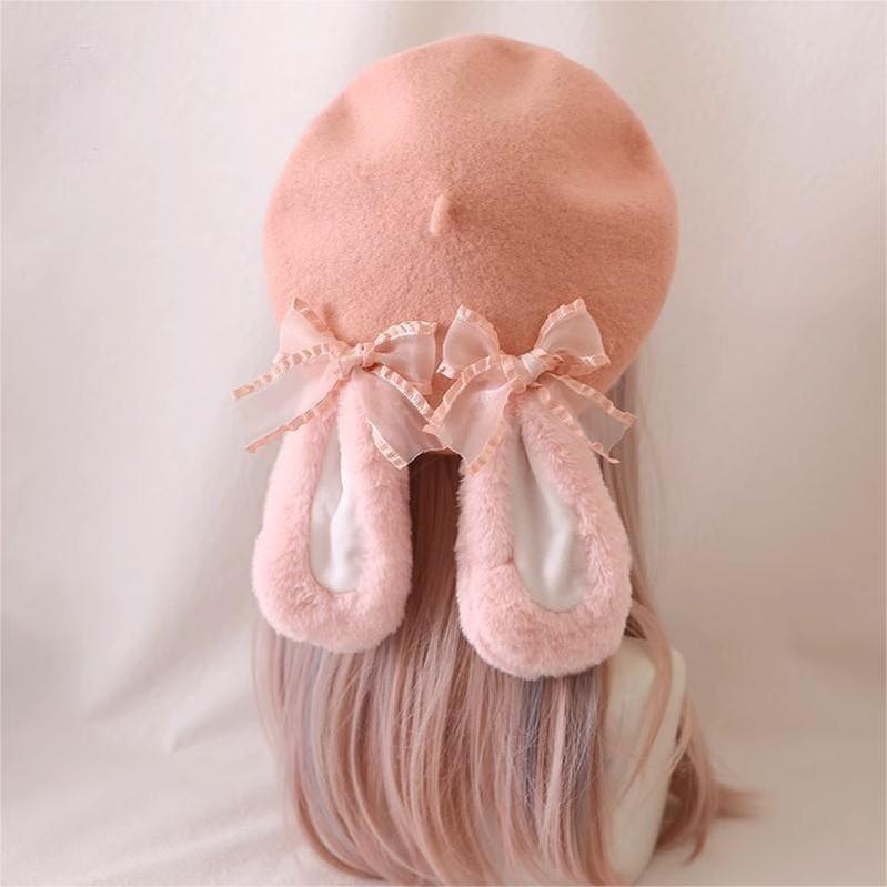 Jirai Kei Hat Plush Rabbit Ear Bow Pink Wool Beret – Honey Wardrobe